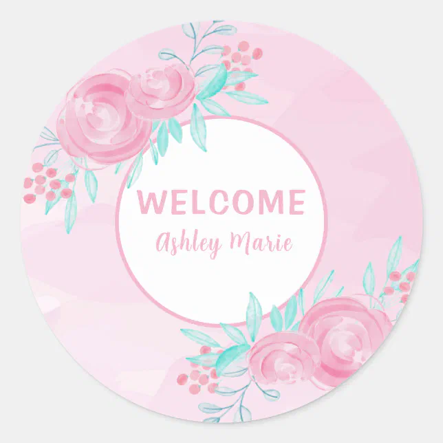 Customizable Pink Watercolor Flowers Welcome Baby Classic Round Sticker ...