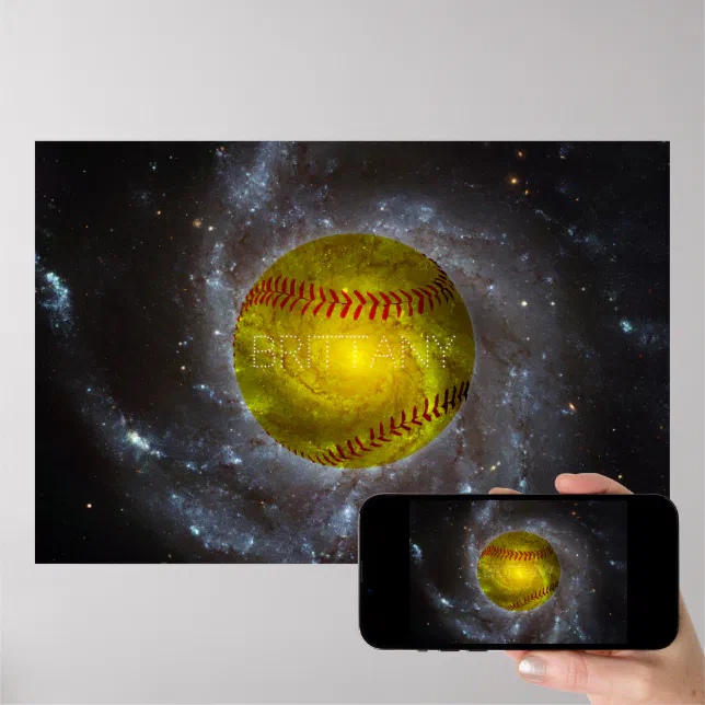 Customizable Softball in Space Galactic Poster | Zazzle