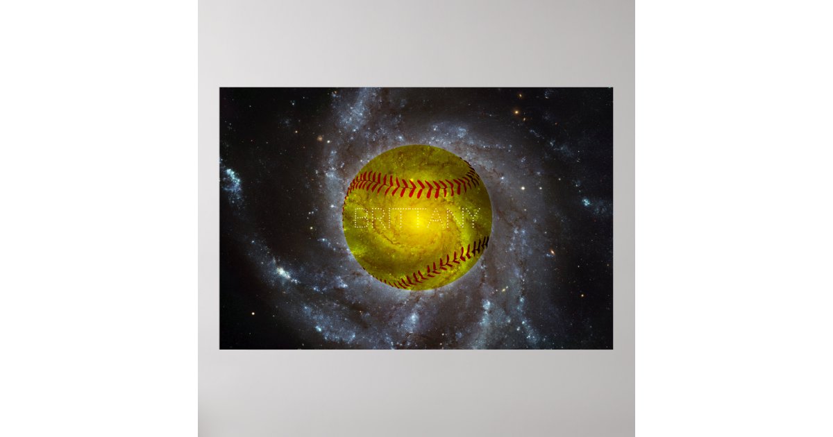 Customizable Softball in Space Galactic Poster | Zazzle