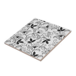 Customize Black Floral Pattern Ceramic Tile | Zazzle