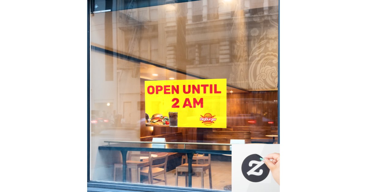 Customize Burger Restaurant Logo Open Until 2AM Window Cling | Zazzle