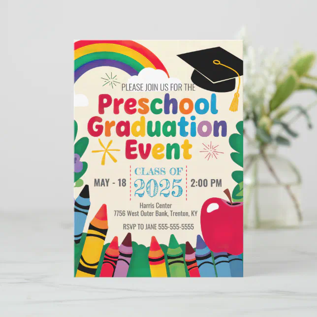 Customize Crayon Rainbow Preschool Graduation Cap Invitation | Zazzle