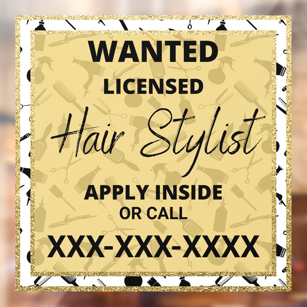 Customize Hair Stylist Wanted Gold Glitter Salon Window Cling | Zazzle