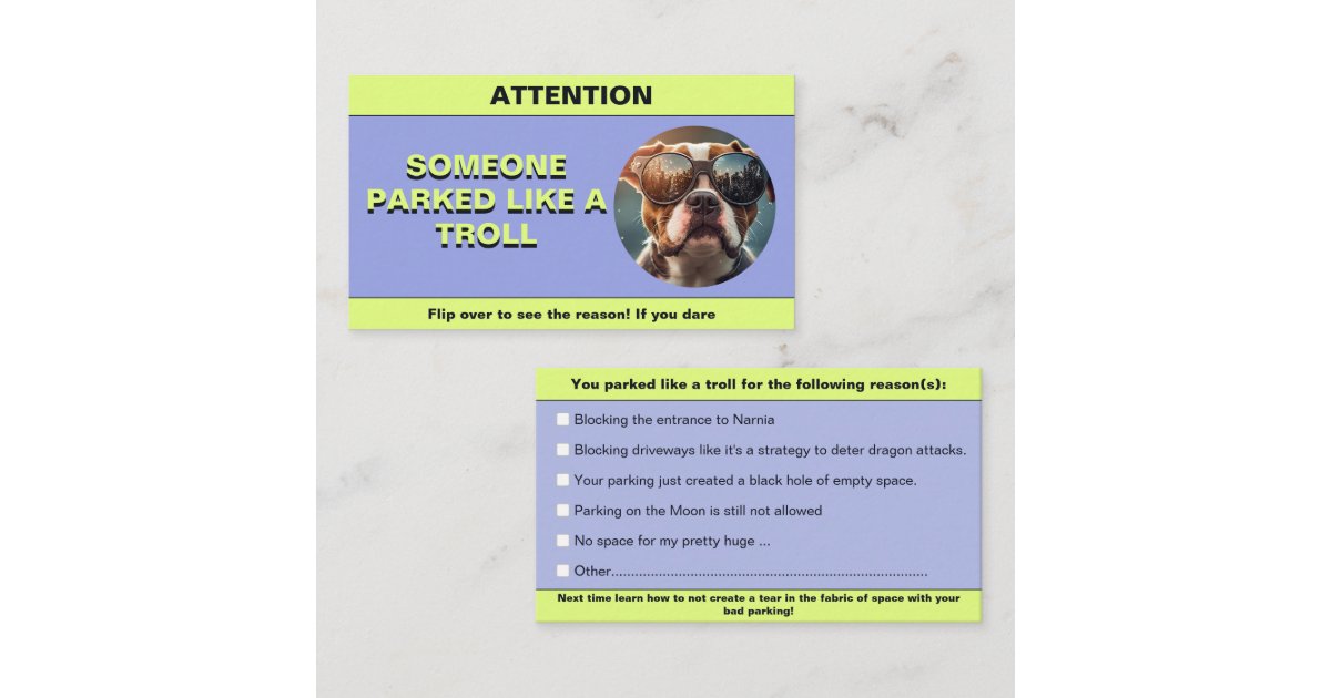 Customize Parked Like a troll, funny parking prank Calling Card | Zazzle