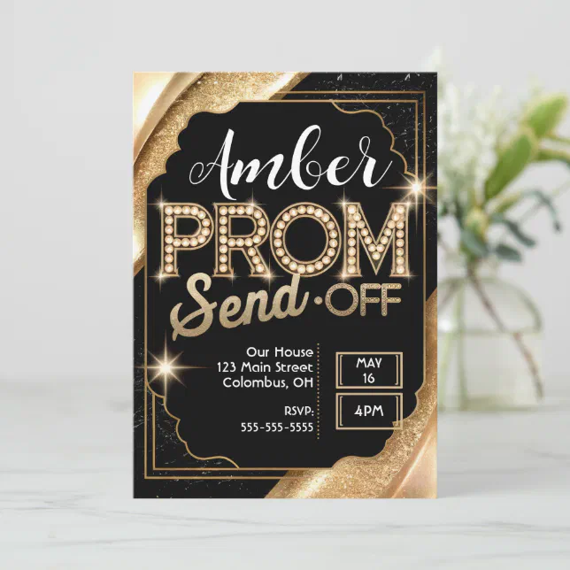 Customize PROM SEND-OFF Sparkling Black and Gold Invitation | Zazzle