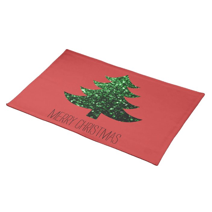 Customize Sparkly Christmas tree green sparkle Red Cloth Placemat ...