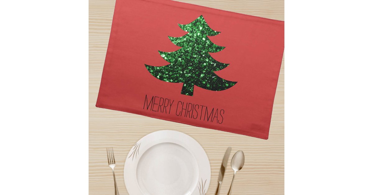 Customize Sparkly Christmas tree green sparkle Red Cloth Placemat | Zazzle