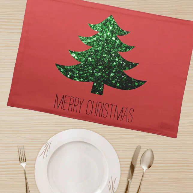 Customize Sparkly Christmas tree green sparkle Red Cloth Placemat | Zazzle