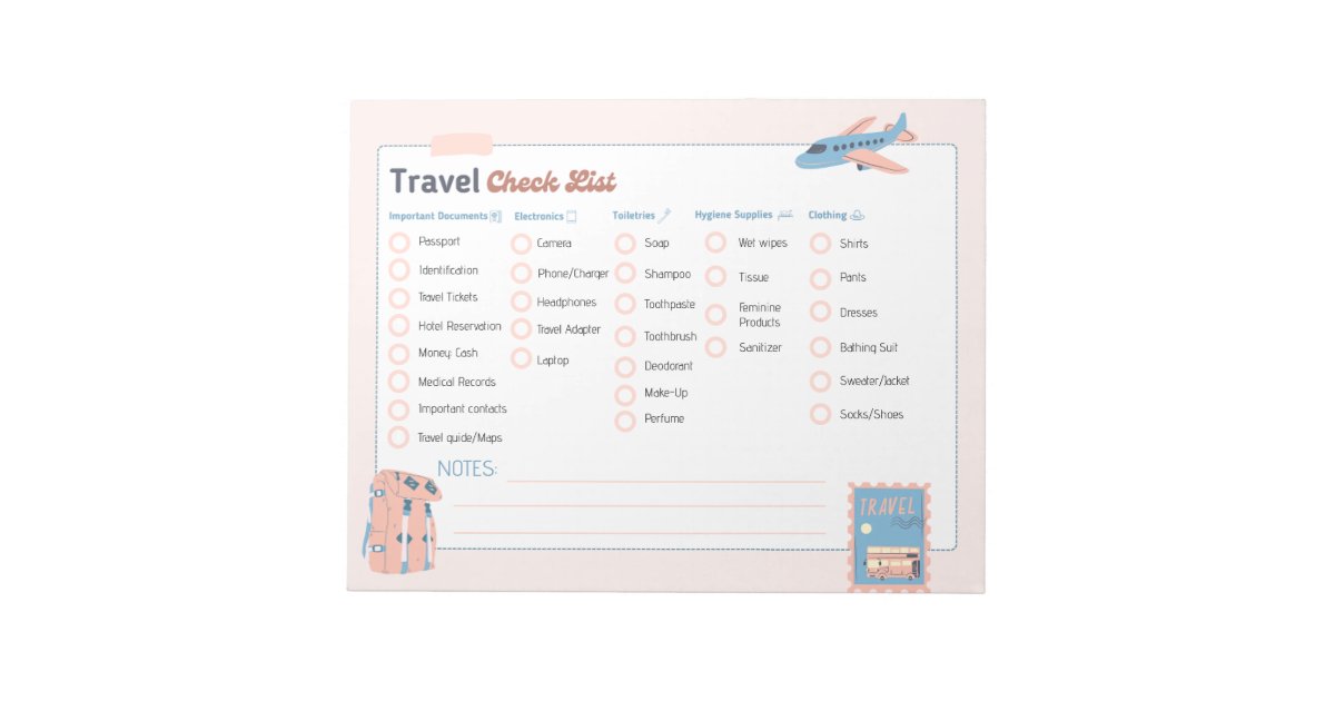 CUSTOMIZE Travel Checklist Notepad | Zazzle