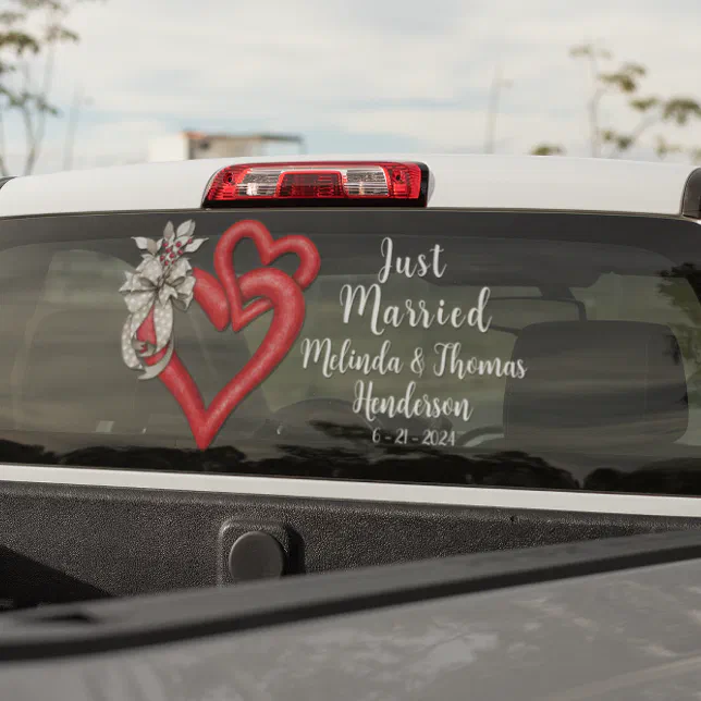 Customize Two Joined Hearts Just Married Window Cling | Zazzle