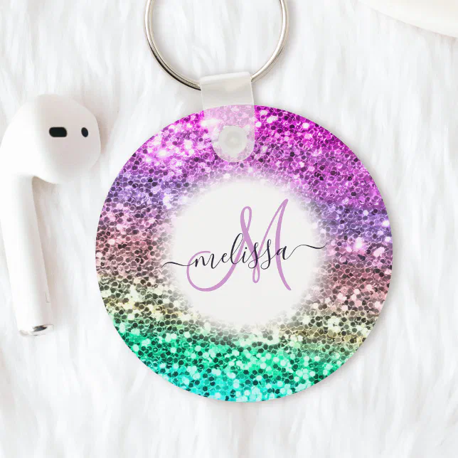 Customized Colorful Glitter Mermaid Monogram Name Keychain | Zazzle
