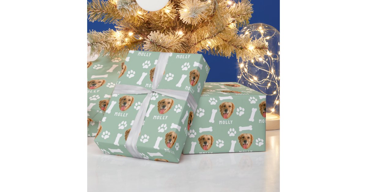 Customized Dog Pet Photo & Name Sage Green Wrapping Paper | Zazzle