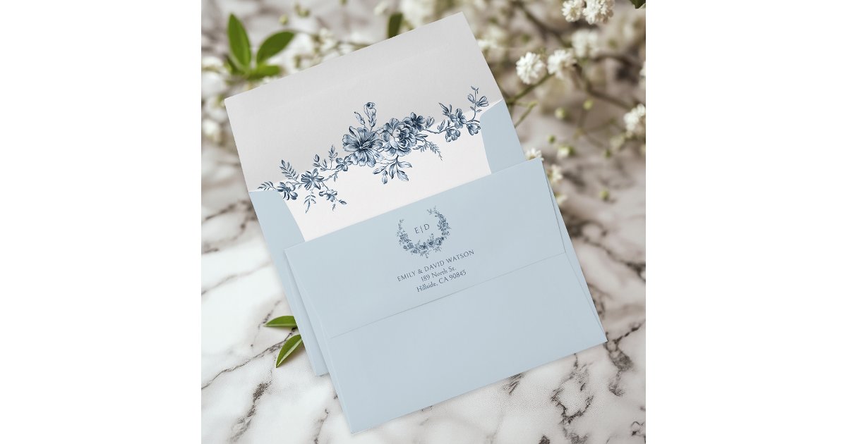 Customized Elegant Engraved Blue Floral Envelope | Zazzle