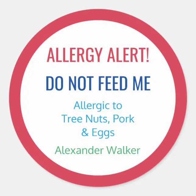Customized Food Allergy Alert Personalized Kids Classic Round Sticker ...