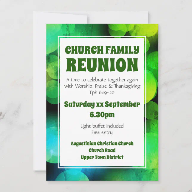 Customized Green Bokeh CHURCH FAMILY REUNION Invitation | Zazzle