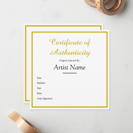 Customized Square Gold Certificate of Authenticity Note Card | Zazzle