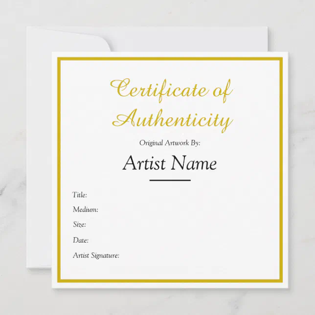 Customized Square Gold Certificate of Authenticity Note Card | Zazzle