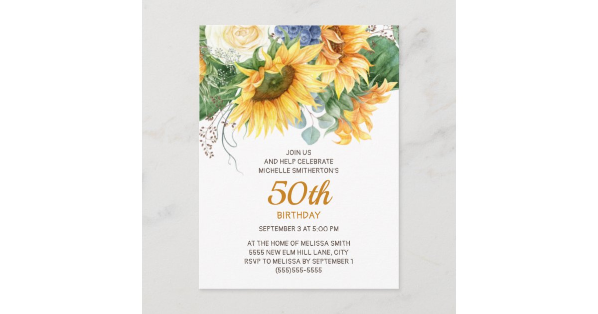 Customized Sunflowers Eucalyptus 50th Birthday Postcard | Zazzle