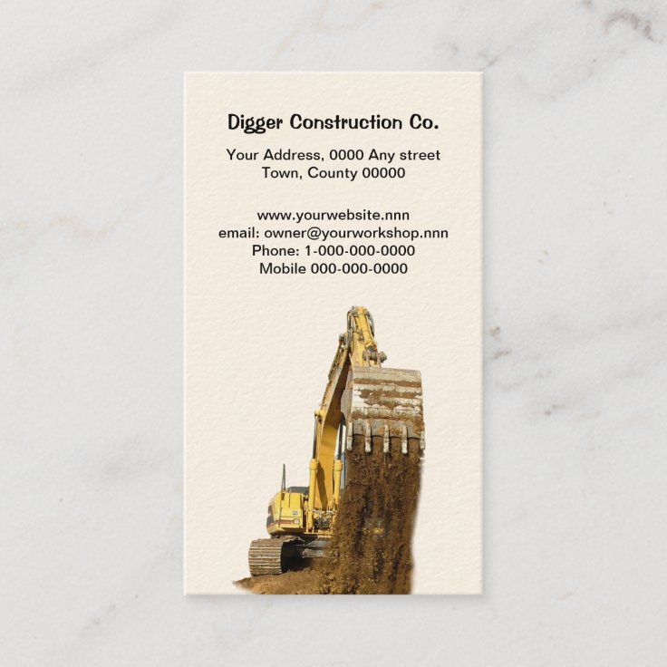 Cut out yellow digger with falling soil business card | Zazzle