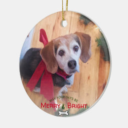 Cute 2 Sided Dog Photo Merry and Bright Ceramic Ornament | Zazzle