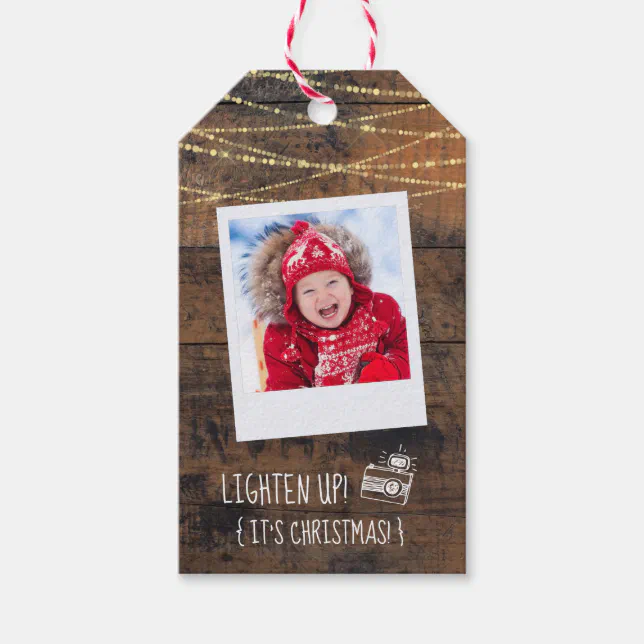 Cute 2-Sided Photo Camera Lighten Up Rustic Wood Gift Tags | Zazzle