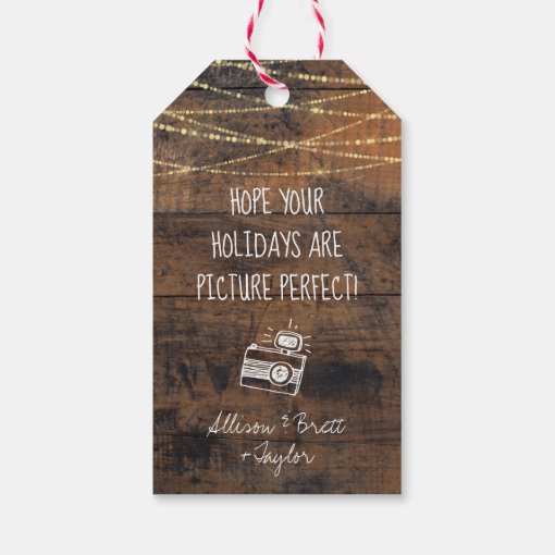 Cute 2-Sided Photo Camera Lighten Up Rustic Wood Gift Tags | Zazzle