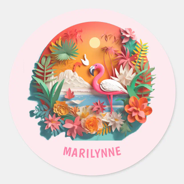 Cute 3D Pink Flamingo Back To School Classic Round Sticker | Zazzle