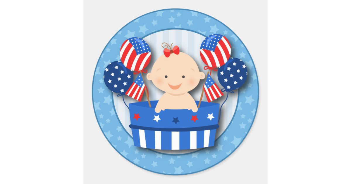 Cute 4th of July Patriotic Baby Girl Baby Shower Classic Round Sticker ...