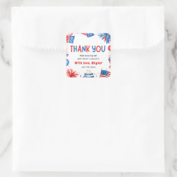 Cute 4th of July Red White Blue Birthday Thank you Square Sticker | Zazzle