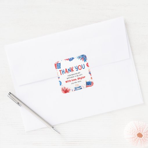 Cute 4th of July Red White Blue Birthday Thank you Square Sticker | Zazzle