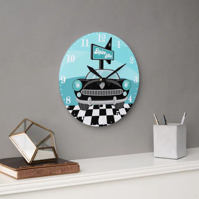 Cute 50s drive thru home decor large clock | Zazzle