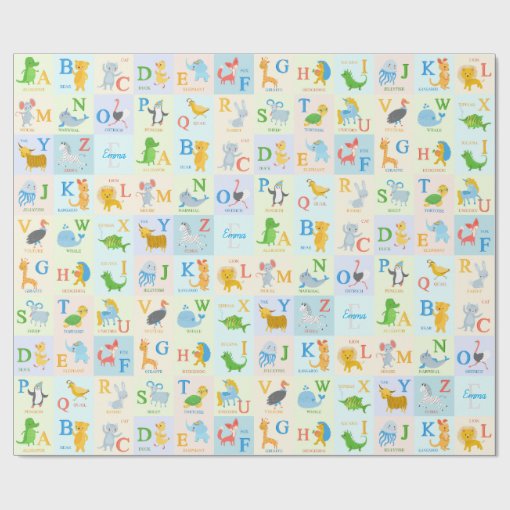 Cute ABC Animal Alphabet Pattern with First Name Wrapping Paper | Zazzle