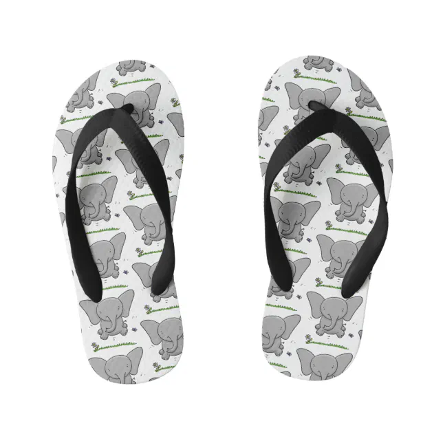 Cute adorable baby elephant cartoon illustration kid's flip flops | Zazzle