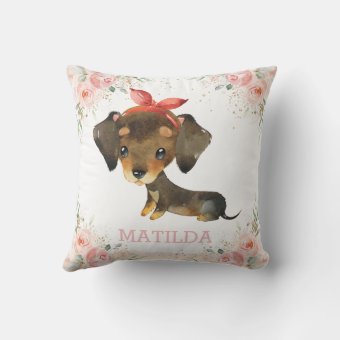 Cute Adorable Dachshund Dog Blush Pink Floral Girl Throw Pillow | Zazzle