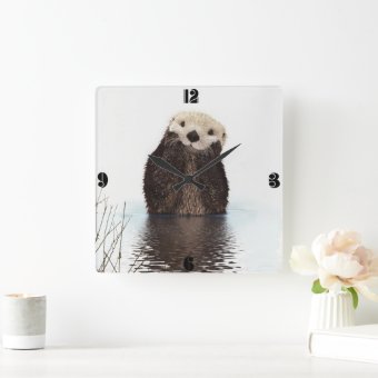 Cute adorable fluffy otter animal square wall clock | Zazzle