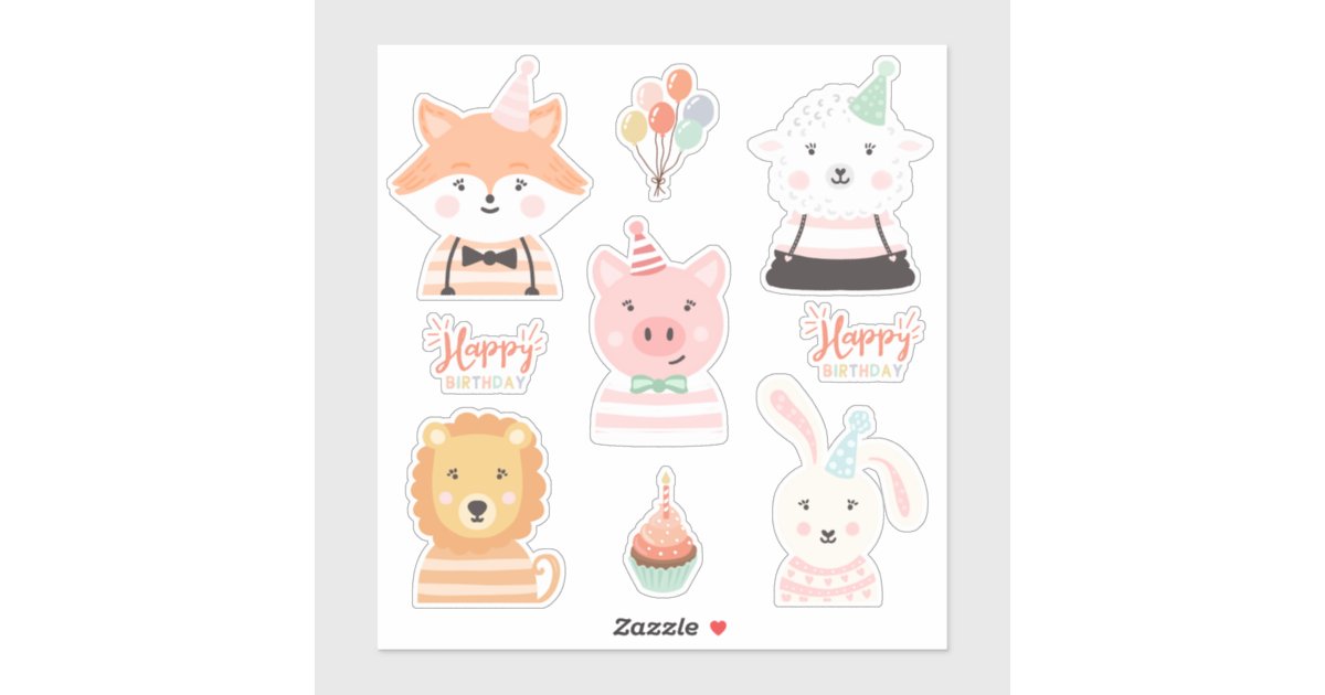Cute Adorable Happy Birthday Party Animals Sticker | Zazzle