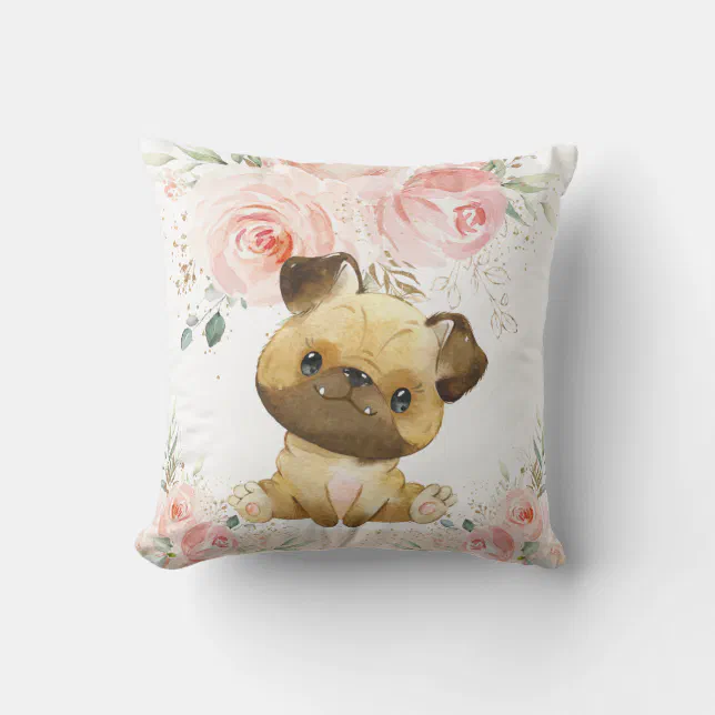 Cute Adorable Pug Dog Blush Pink Floral Girl Throw Pillow | Zazzle