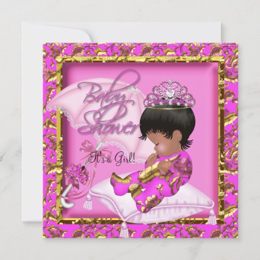 Cute African American Baby Shower Pink Gold Invitation | Zazzle