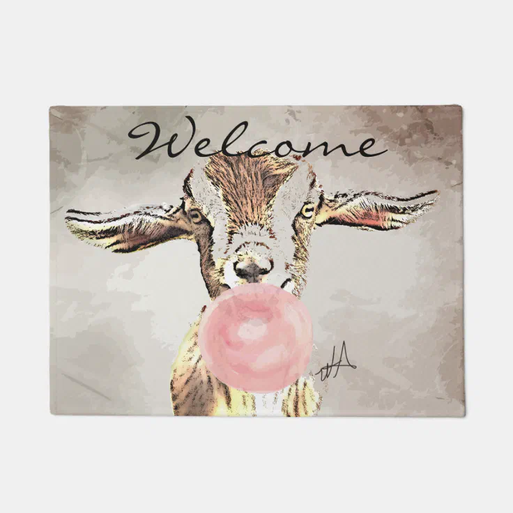 Cute Airplane Ears Goat with Bubblegum Welcome Mat | Zazzle