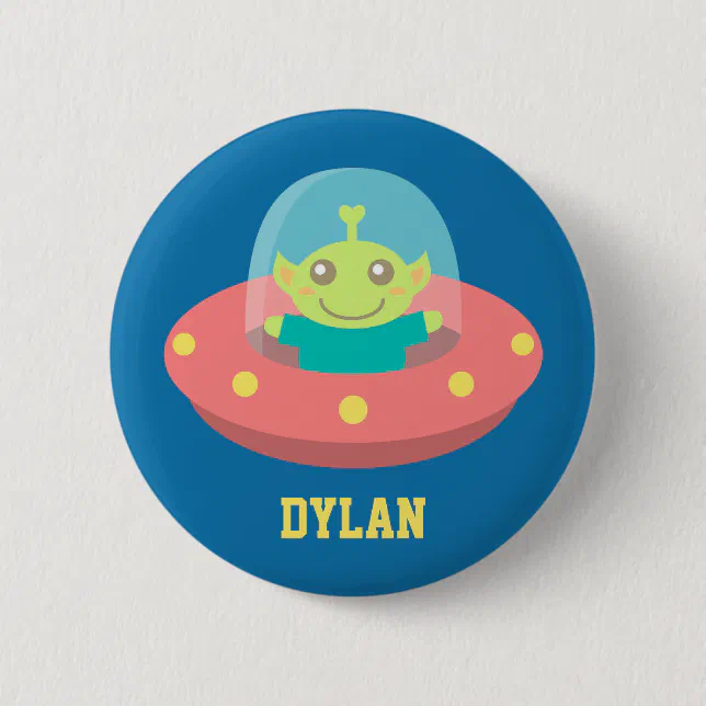 Cute Alien in Spaceship, Outer Space Button | Zazzle