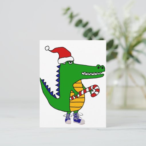 Cute Alligator in Santa Hat Christmas Cartoon Holiday Postcard | Zazzle