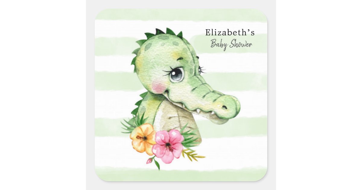 Cute Alligator Watercolor Floral Baby Shower Square Sticker | Zazzle