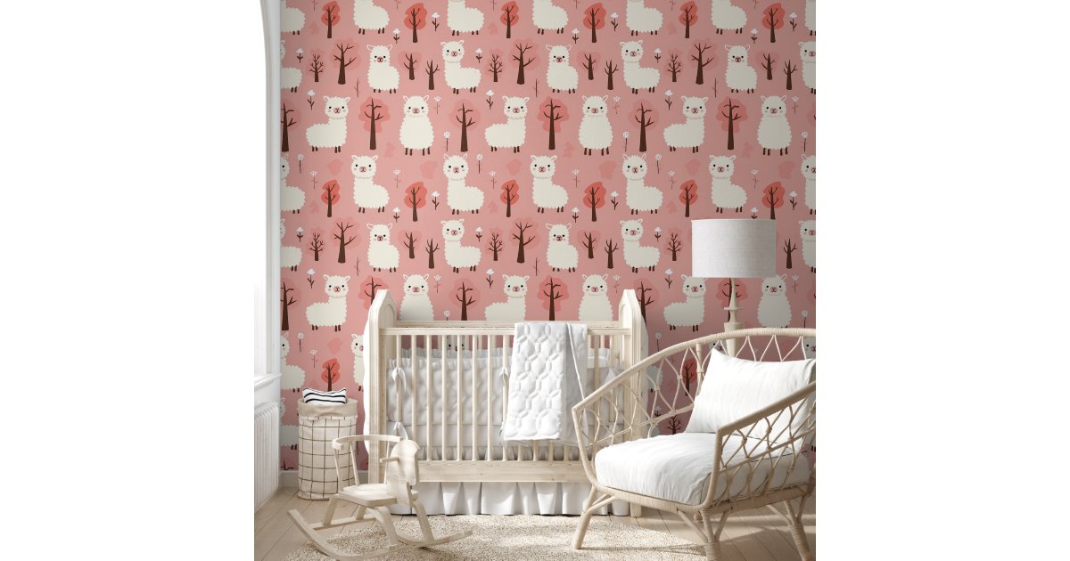 Cute Alpaca Tree Floral White Pink Nursery Wallpaper | Zazzle