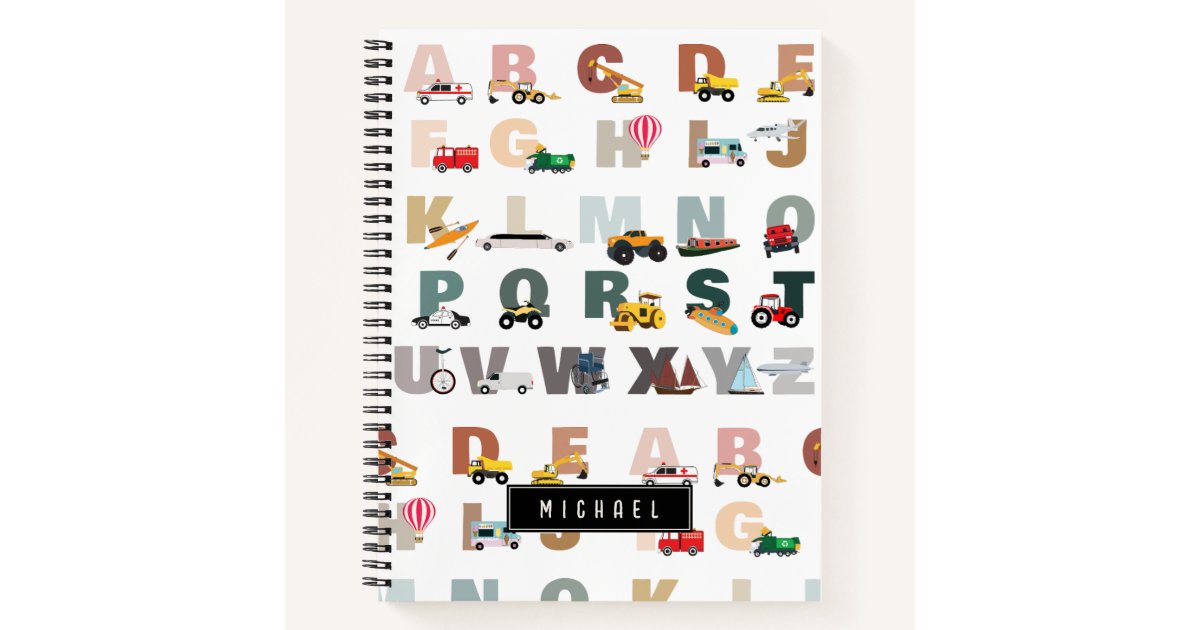 Cute Alphabet ABC Trucks, Transportation Vehicles Notebook | Zazzle