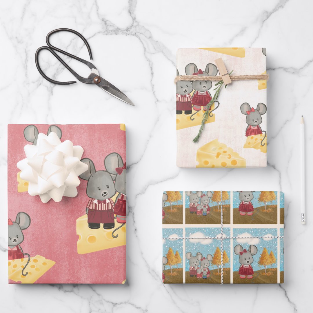 Cute and Cheesy Mouse Family Wrapping Paper Sheets | Zazzle