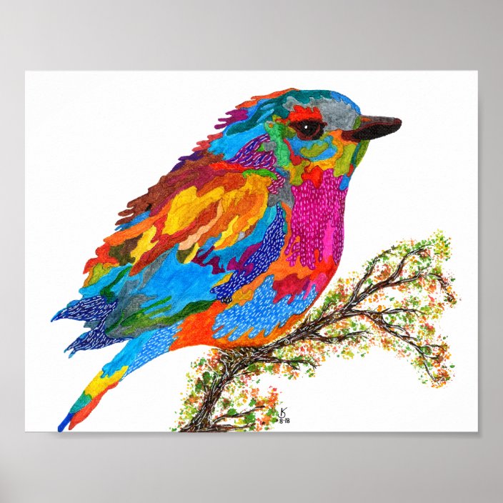Cute and Colorful Bird on a Branch Poster 10"x8" | Zazzle.com