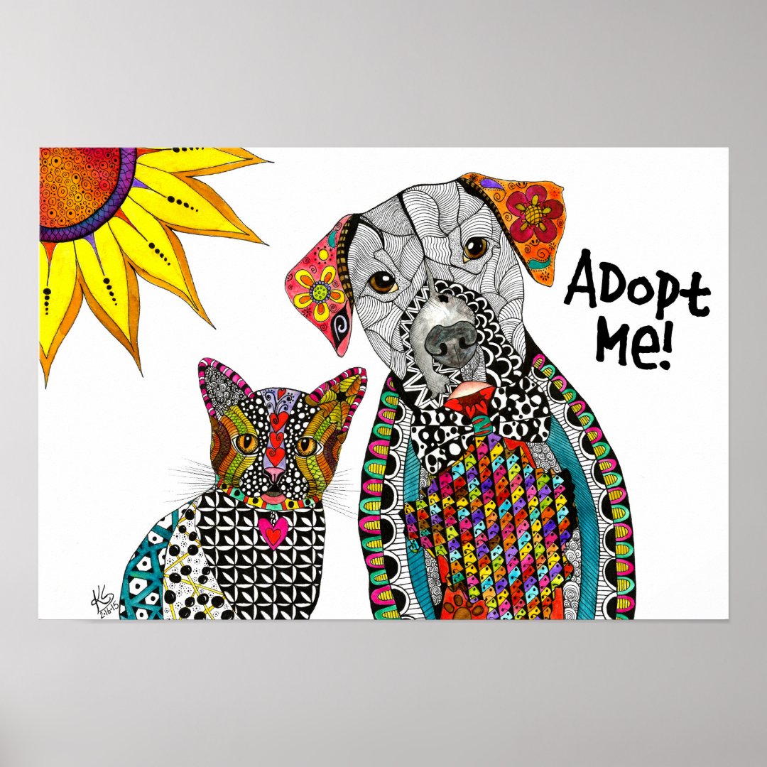 Cute and Colorful Dog and Cat Adopt Me Poster | Zazzle