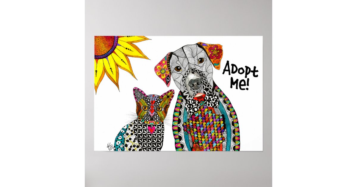 Cute and Colorful Dog and Cat Adopt Me Poster | Zazzle