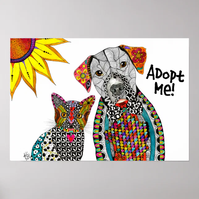 Cute and Colorful Dog and Cat Adopt Me Poster | Zazzle