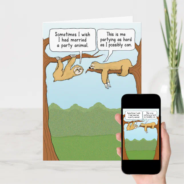 Cute and Funny Sloth Party Animals Anniversary Card | Zazzle
